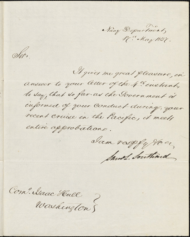 Samuel L. Southard to Isaac Hull, May 17, 1827 - Digital Commonwealth