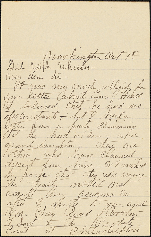 Pella Hull Mason to Joseph Wheeler, Washington, D.C., October 18, 18 ...