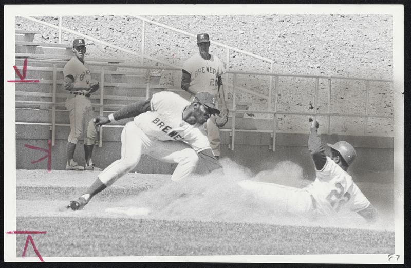 Milwaukee Brewers outfielder Brock Davis slides into a base at practice ...