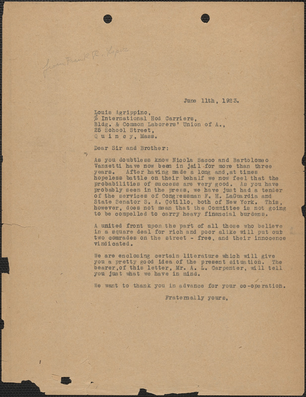 Frank R. Lopez typed letter (copy) to Louis Agrippino (International ...
