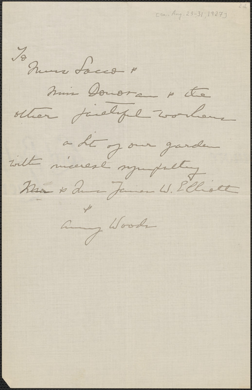 James W. Elliot and Amy Woods autograph note signed to [Rose Sacco ...