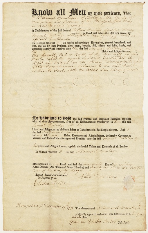 Deed to one-seventh part of Hadley saw mill; Nathanael Mountague of ...
