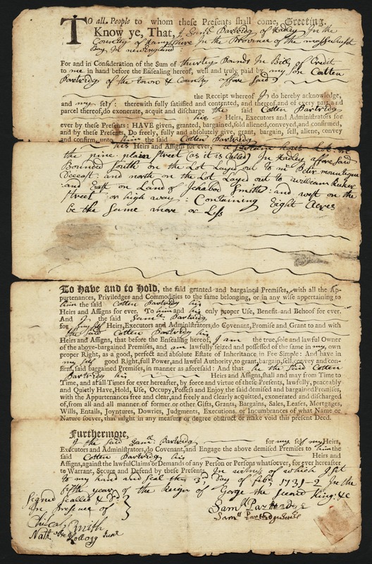 Deed, Samuel Partridge to Cotten Partridge, 1731-2 - Digital Commonwealth