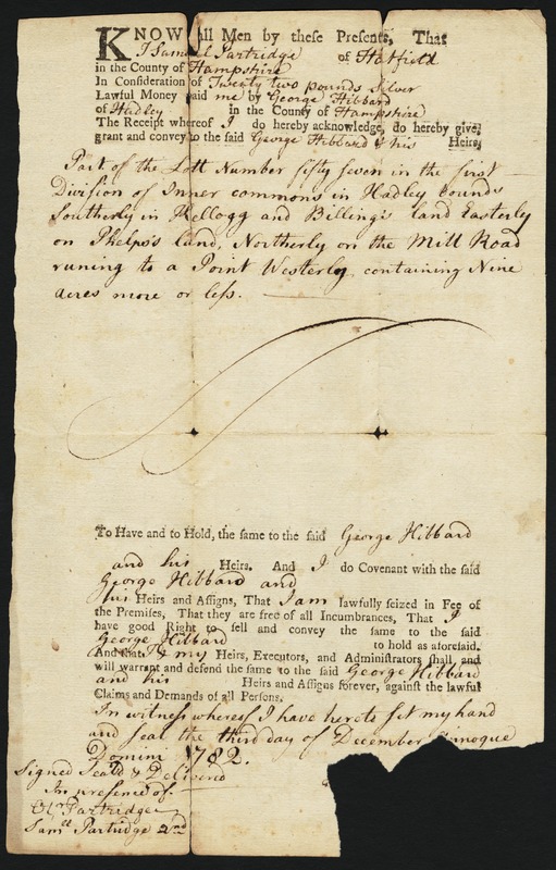 Deed, Samuel Partridge to George Hibbard of Hadley, 1782 - Digital ...