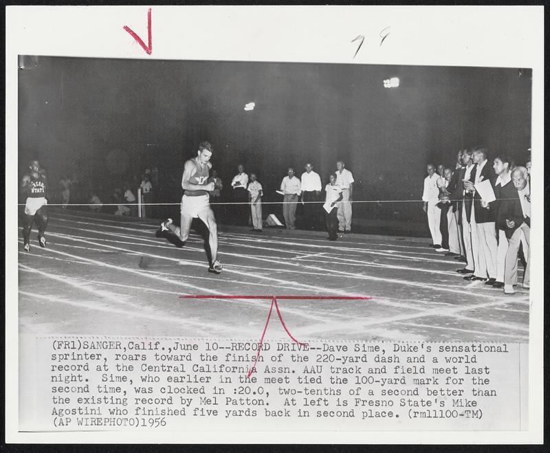 Record Drive--Dave Sime, Duke's sensation sprinter, roars toward the ...