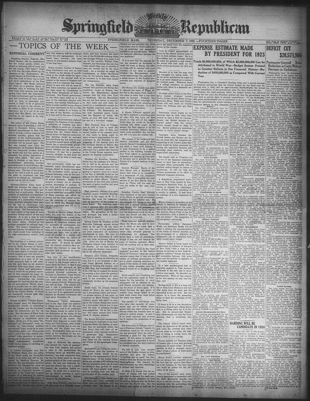 Springfield Weekly Republican. December 07, 1922 - Digital Commonwealth