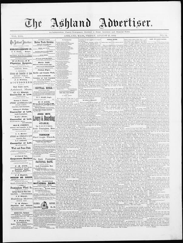 The Ashland Advertiser. August 25, 1882 - Digital Commonwealth