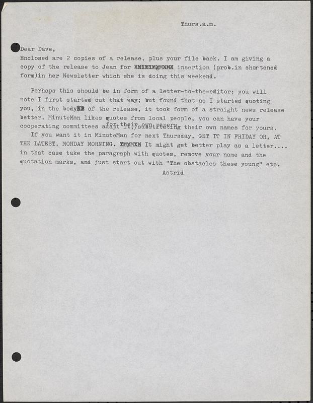 Letter from Astrid to David Reiner about letter to the editor in the ...