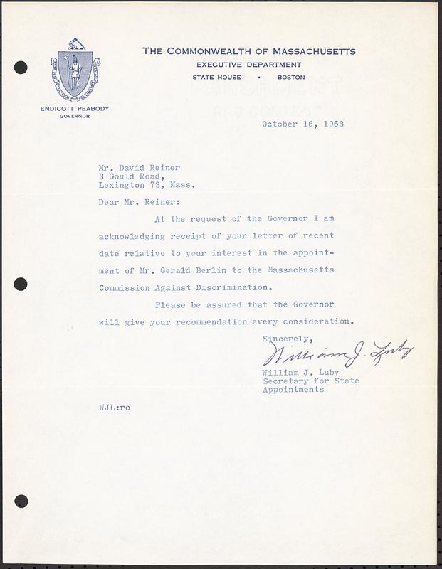 Letter to David Reiner acknowledging receipt of letter about ...