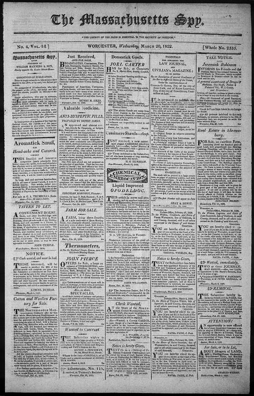 The Massachusetts Spy. March 20, 1822 - Digital Commonwealth