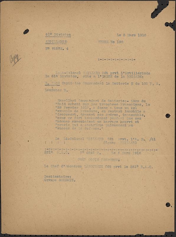 Ordre de la Brigade No. 190 from Artillerie, 61st Division, French Army ...