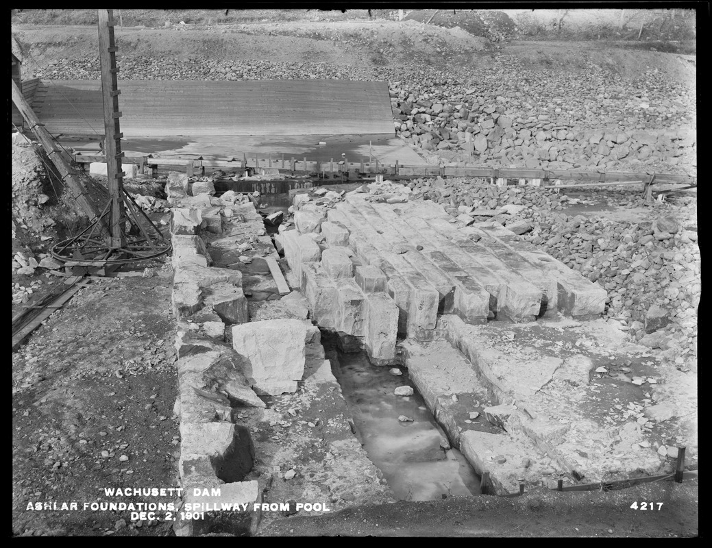 Wachusett Dam, ashlar foundations, spillway from the pool, Clinton ...