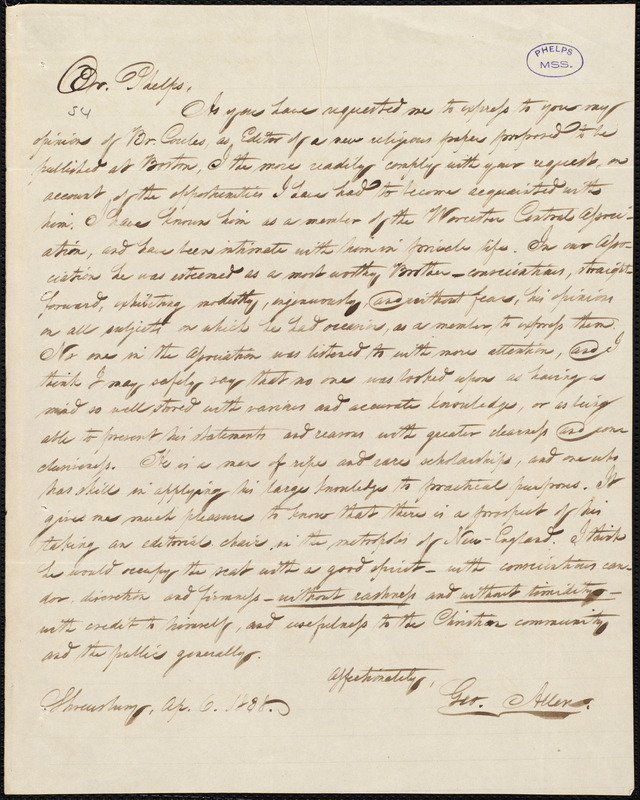 Letter from George Allen, Shrewsbury, to Amos Augustus Phelps, Apr. 6. 1838 - Digital Commonwealth