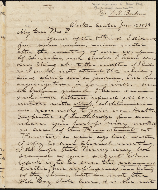 Letter from Isaac Richmond Barbour, Charlton, to Amos Augustus Phelps, June 19. 1839 - Digital ...