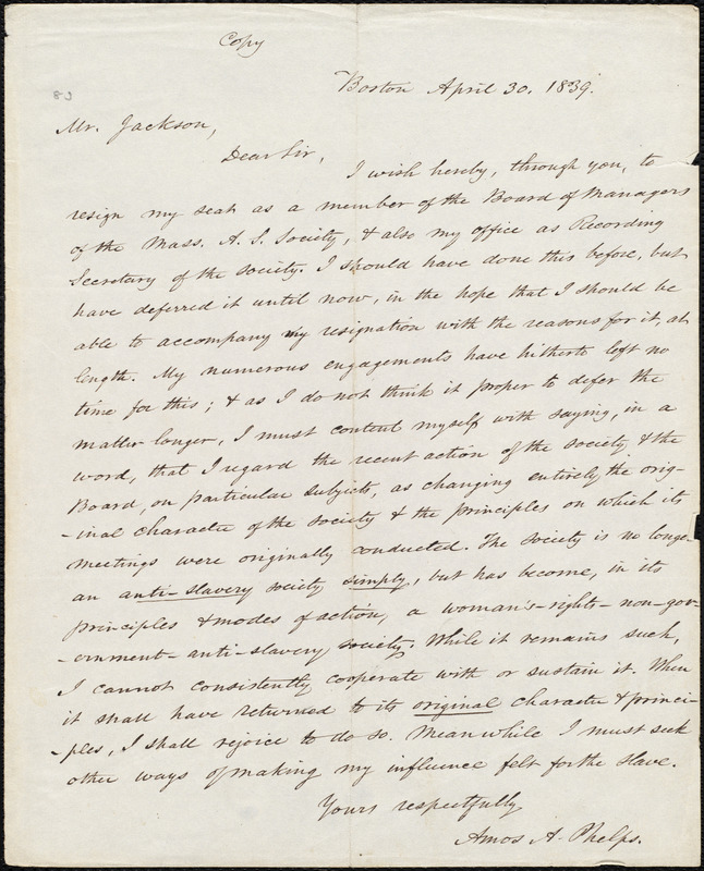 Copy of letter from Amos Augustus Phelps, Boston, to Francis Jackson, April 30, 1839 - Digital ...