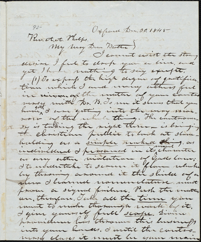 Letter from Isaac Richmond Barbour, Oxford [Mass.], to Amos Augustus Phelps, Dec. 30. 1845 ...