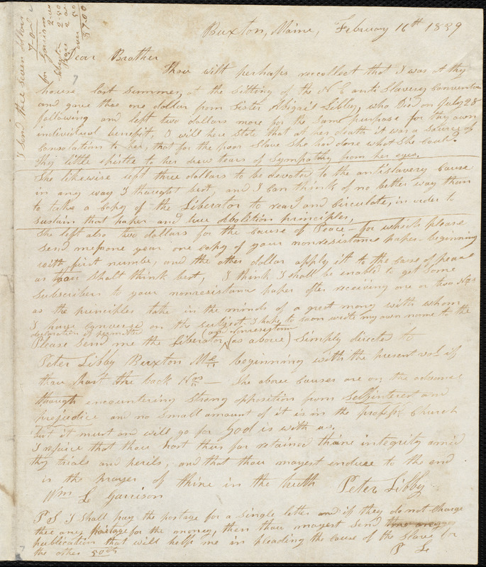 Letter from Peter Libby, Buxton, Me., to William Lloyd Garrison ...