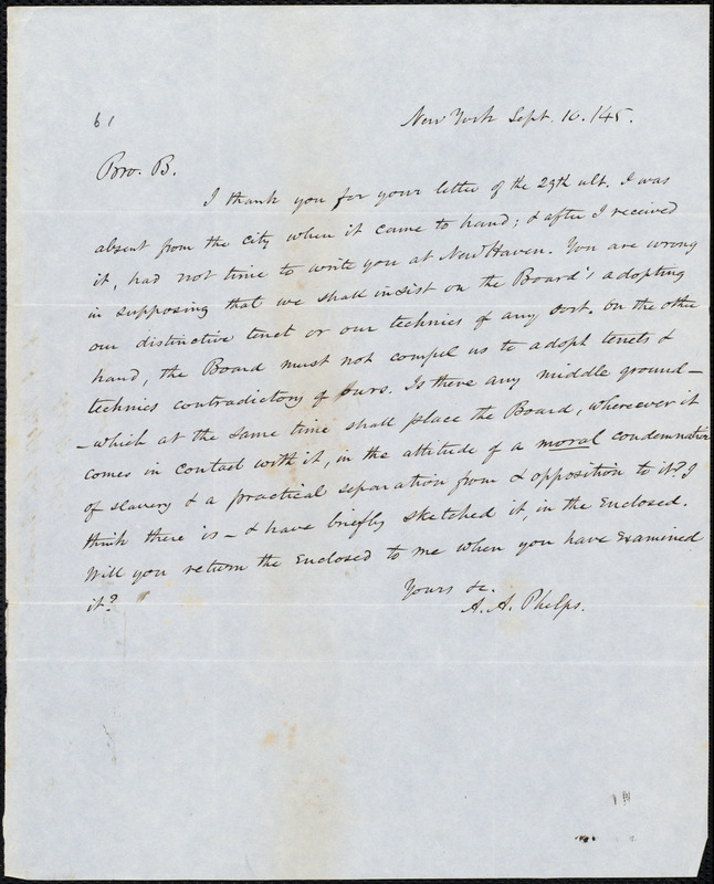 Letter from Amos Augustus Phelps, New York, to Leonard Bacon, Sept. 10./45 - Digital Commonwealth