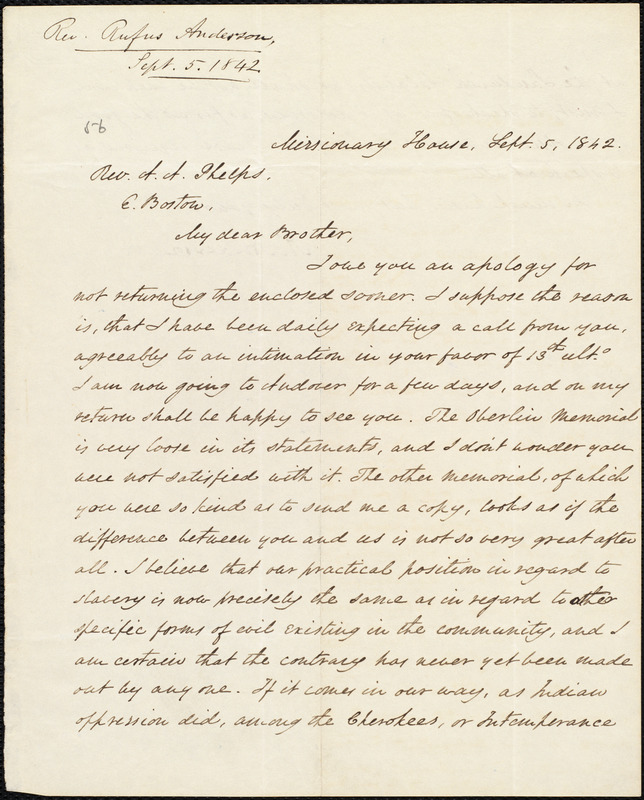 Letter from Rufus Anderson, E. Boston, to Amos Augustus Phelps, Sept. 5 ...
