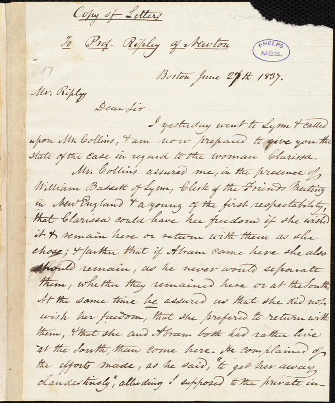 Copy of letter from Amos Augustus Phelps, Boston, to Henry Jones Ripley ...