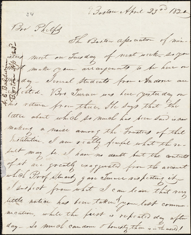 Letter from Abraham Chittenden Baldwin, Boston, to Amos Augustus Phelps, April 23d 1830 ...