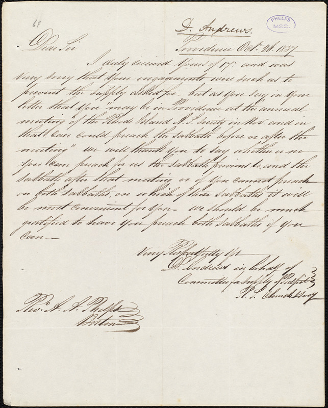 Letter from Rhode Island Church Society, Providence, to Amos Augustus Phelps, Oct. 26. 1837 ...