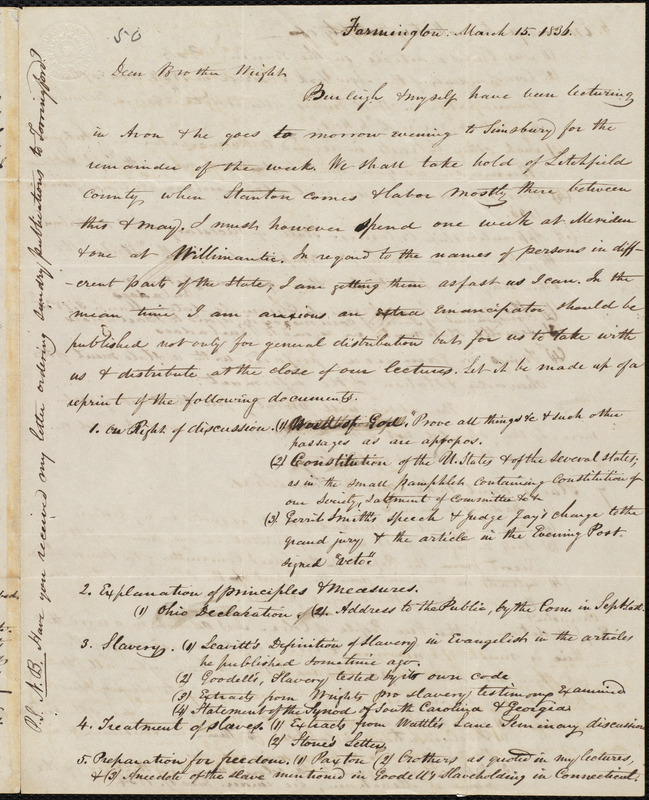 Letter from Amos Augustus Phelps, Farmington [Conn.], to Elizur Wright, March 15. 1836 - Digital ...