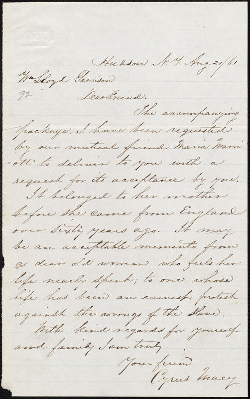 Letter from Aaron Cyrus Macy, Hudson, N.Y., to William Lloyd Garrison ...