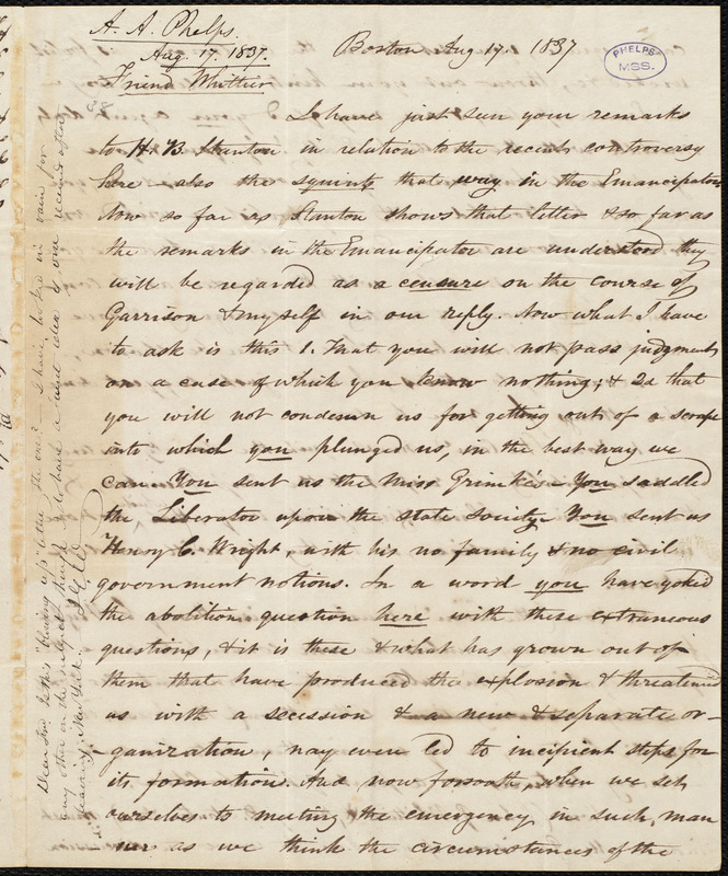 Letter from Amos Augustus Phelps, Boston, to John Greenleaf Whittier, Aug 17. 1837 - Digital ...