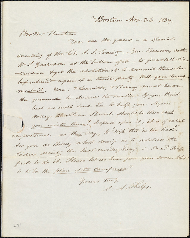Letter from Amos Augustus Phelps, Boston, to Henry Brewster Stanton and Joshua Leavitt, Nov. 26 ...