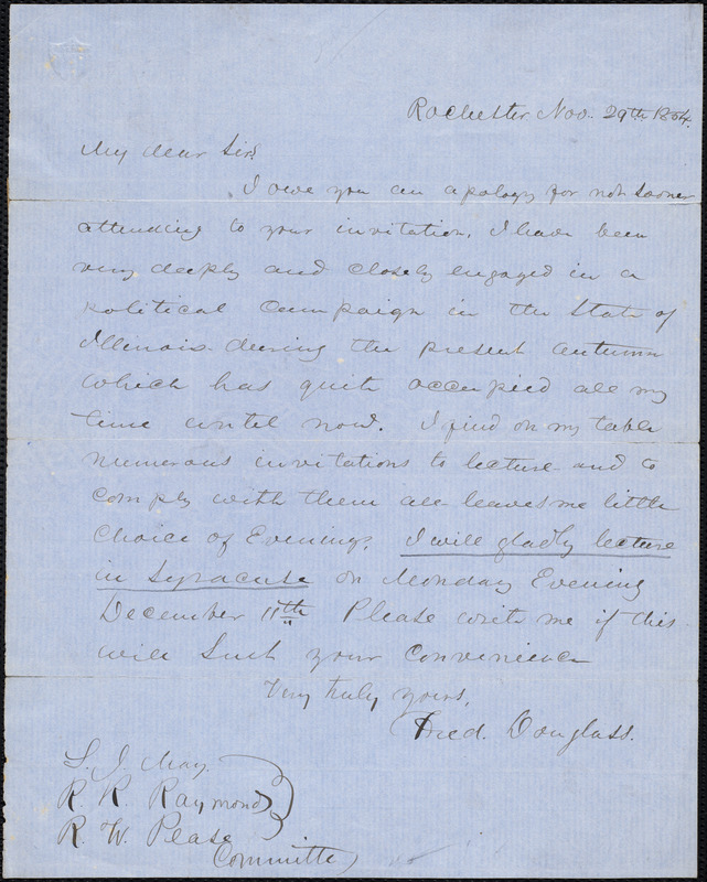 Letter from Frederick Douglass, Rochester, to Samuel Joseph May, Rev. R ...