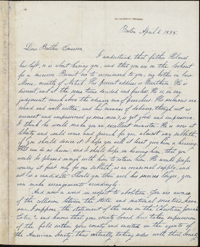 Copy of letter from Amos Augustus Phelps, Boston, to [John F.?] Emerson, April 2. 1838 - Digital ...