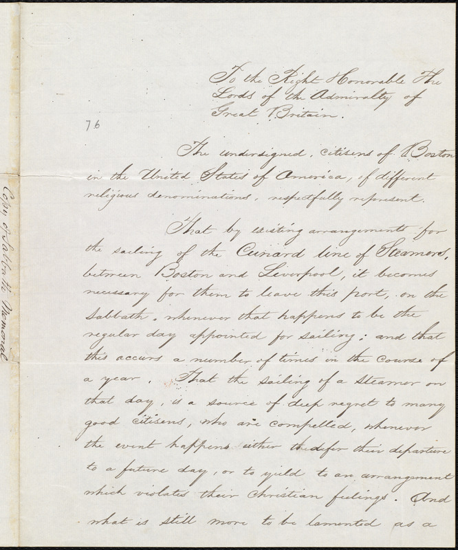 Copy of letter, [Boston], to Great Britain. Admiralty, [1841] - Digital ...
