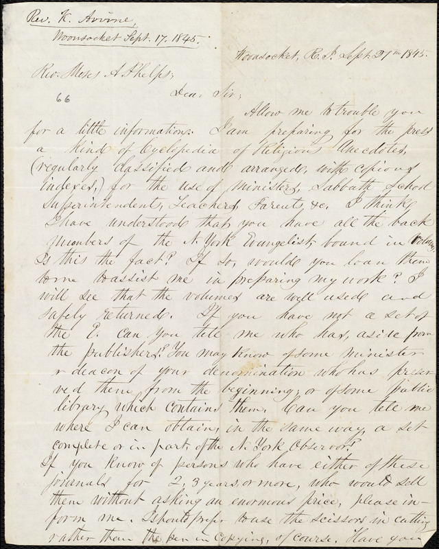 Letter from Kazlitt Arvine, Woonsocket, R. I., to Amos Augustus Phelps ...