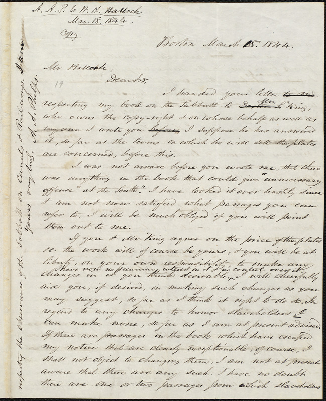 Copy of letter from Amos Augustus Phelps, Boston, to William Allen Hallock, March 18, 1844 ...