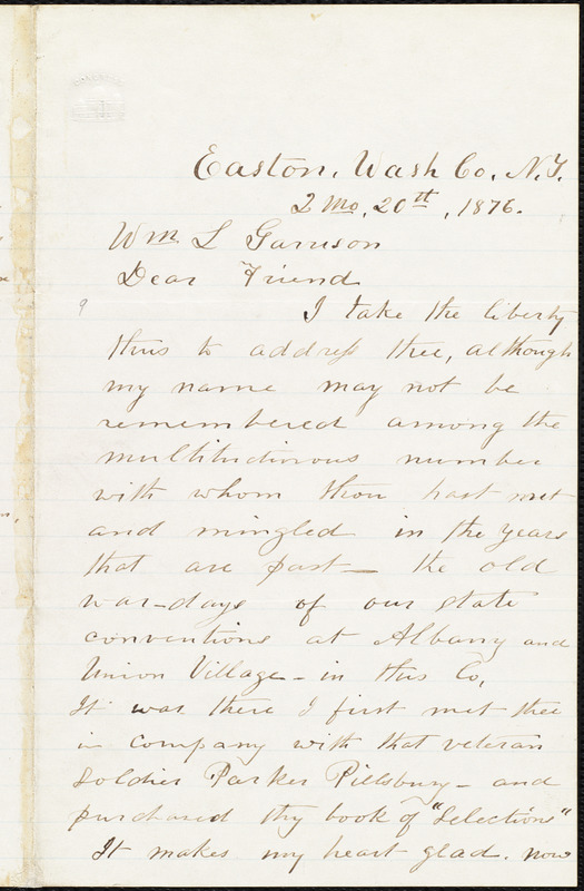 Letter from Joseph W. Peckham, Easton, N.Y., to William Lloyd Garrison ...