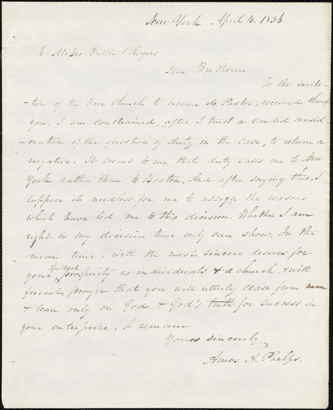 Letter from Amos Augustus Phelps, New York, to First Free Congregational Church (Boston, Mass ...