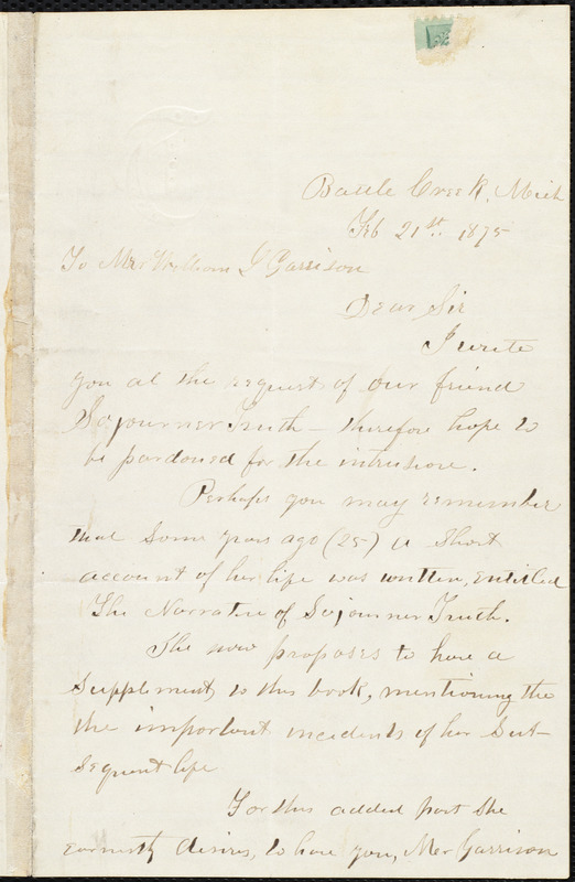 Letter from Sojourner Truth, Battle Creek, Mich., to William Lloyd ...