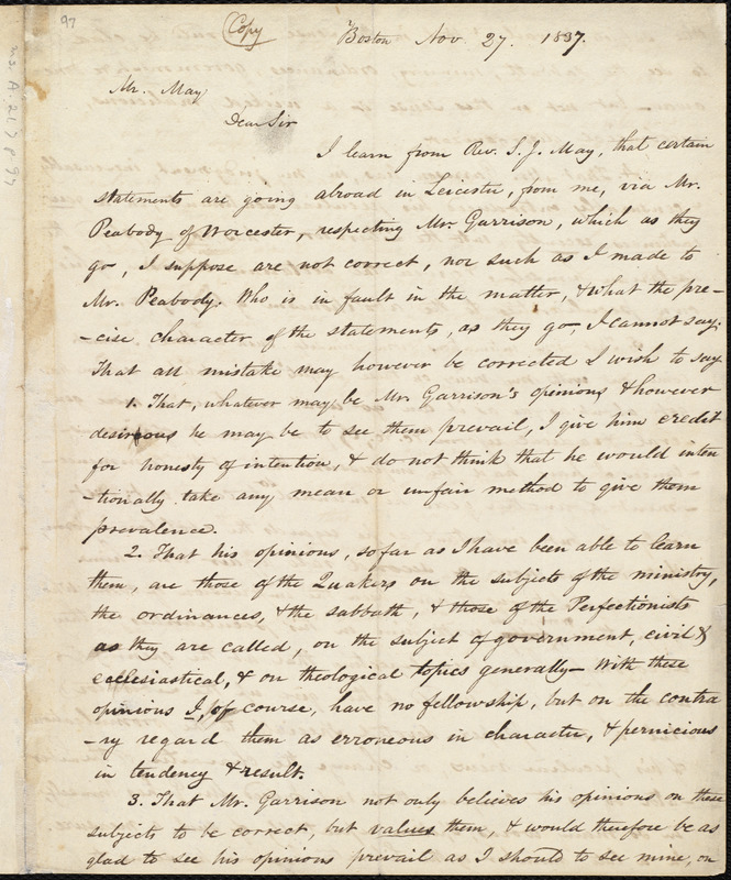 Letter from Amos Augustus Phelps, Boston, to Samuel May, Jr., Nov 27. 1837 - Digital Commonwealth