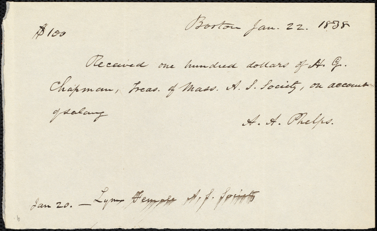 Receipt from Amos Augustus Phelps, Boston, to Henry Grafton Chapman, Jan. 22. 1838 - Digital ...