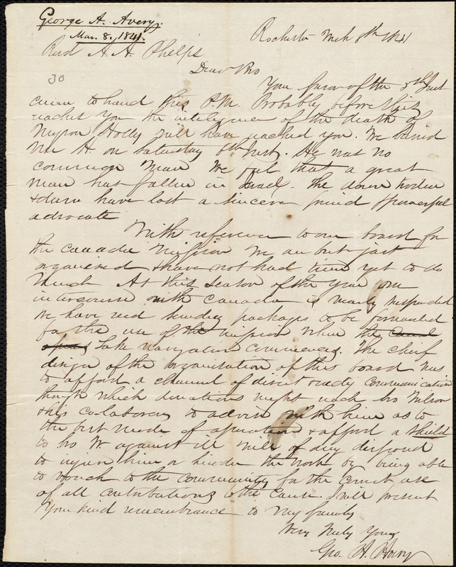 Letter from George A. Avery, Rochester, to Amos Augustus Phelps, March 8th 1841 - Digital ...