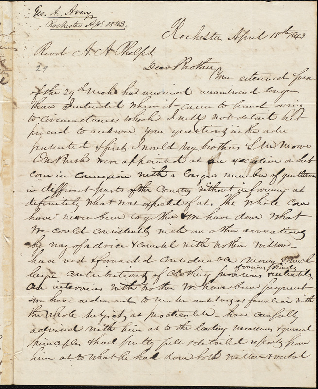 Letter from George A. Avery, Rochester, to Amos Augustus Phelps, April 18th 1843 - Digital ...