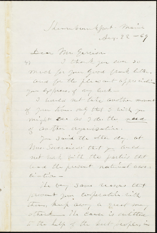 Letter from Lucy Stone, Kennebunkport, Me., to William Lloyd Garrison ...