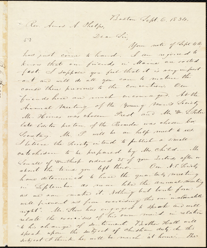 Letter from Benjamin C. Bacon, Boston, to Amos Augustus Phelps, Sept. 6. 1834 - Digital Commonwealth