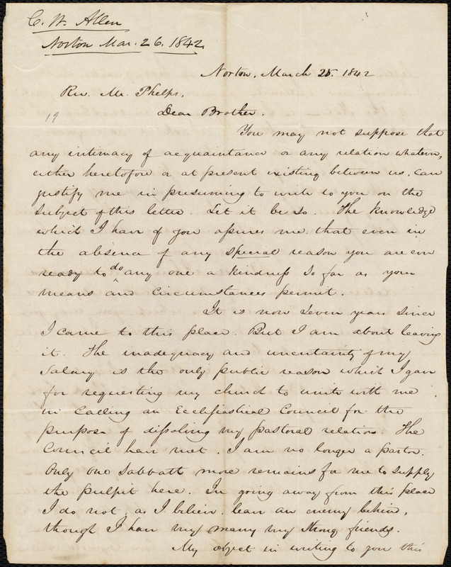 Letter from Cyrus William Allen, Norton, to Amos Augustus Phelps, March ...