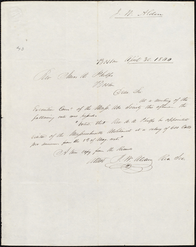 Letter from Massachusetts Abolition Society, Boston, to Amos Augustus Phelps, April 30. 1840 ...