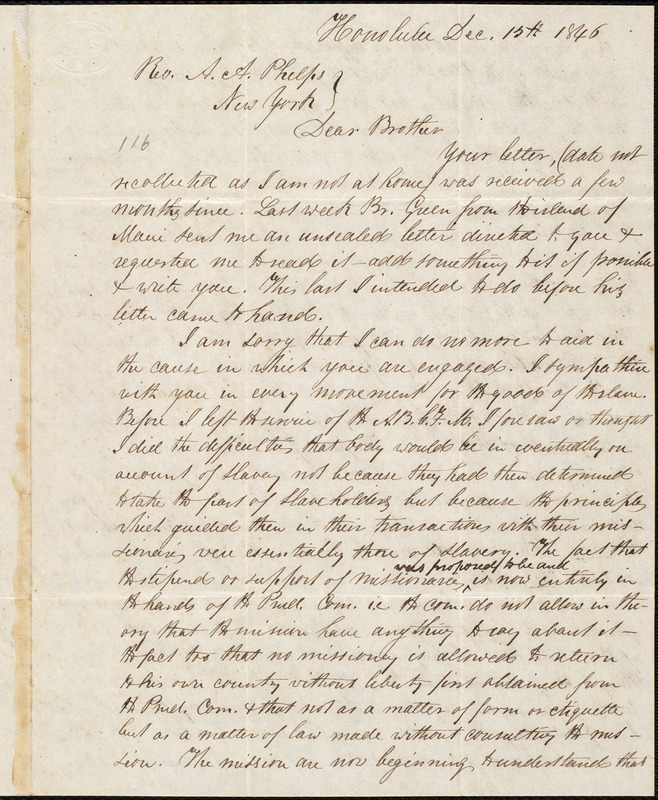 Letter from Lorrin Andrews, Honolulu, to Amos Augustus Phelps, Dec. 13th 1846 - Digital Commonwealth