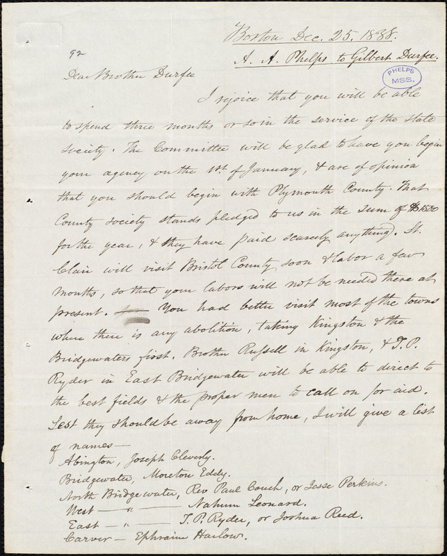 Letter from Amos Augustus Phelps, Boston, to Gilbert Durfee, Dec. 25. 1838 - Digital Commonwealth