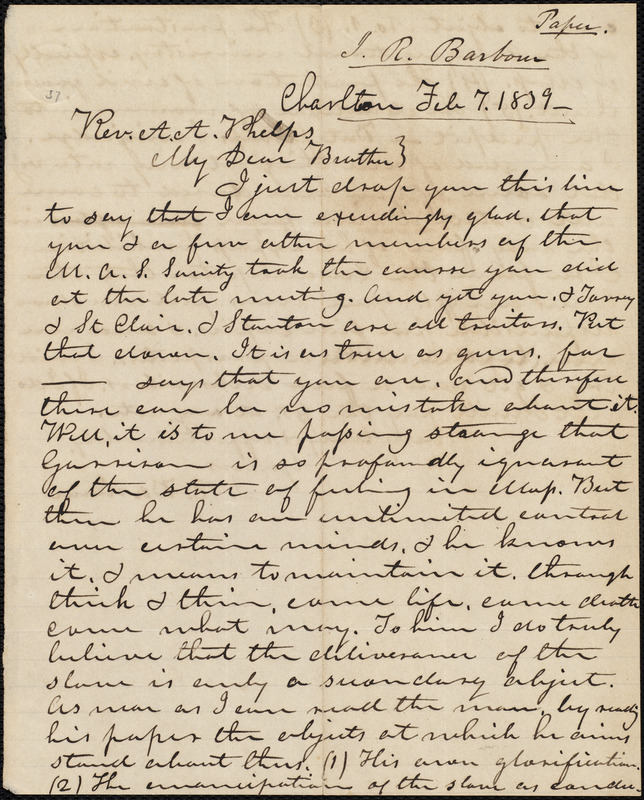 Letter from Isaac Richmond Barbour, Charlton, to Amos Augustus Phelps ...