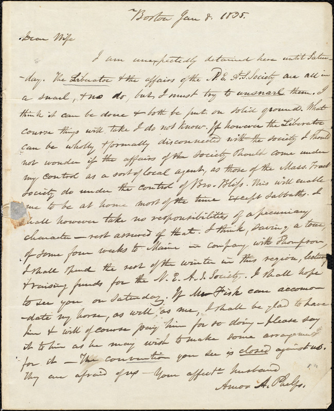 Letter from Amos Augustus Phelps, Boston, to Charlotte Phelps, Jan. 8. 1835 - Digital Commonwealth